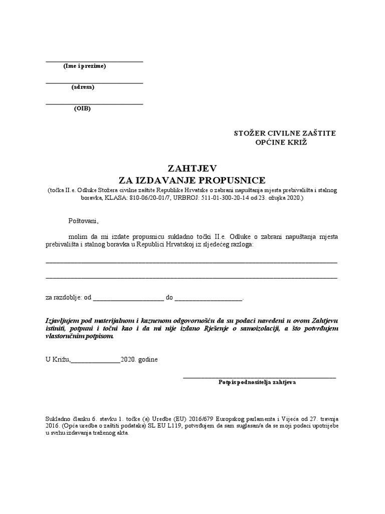 Zahtjev Za Izdavanje Propusnice 1 | PDF