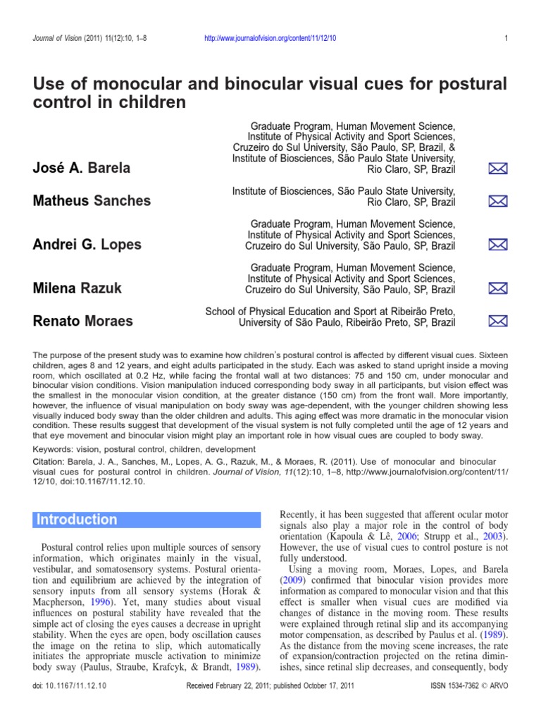 Use of Monocular and Binocular Visual Cues For Postural Control in ...
