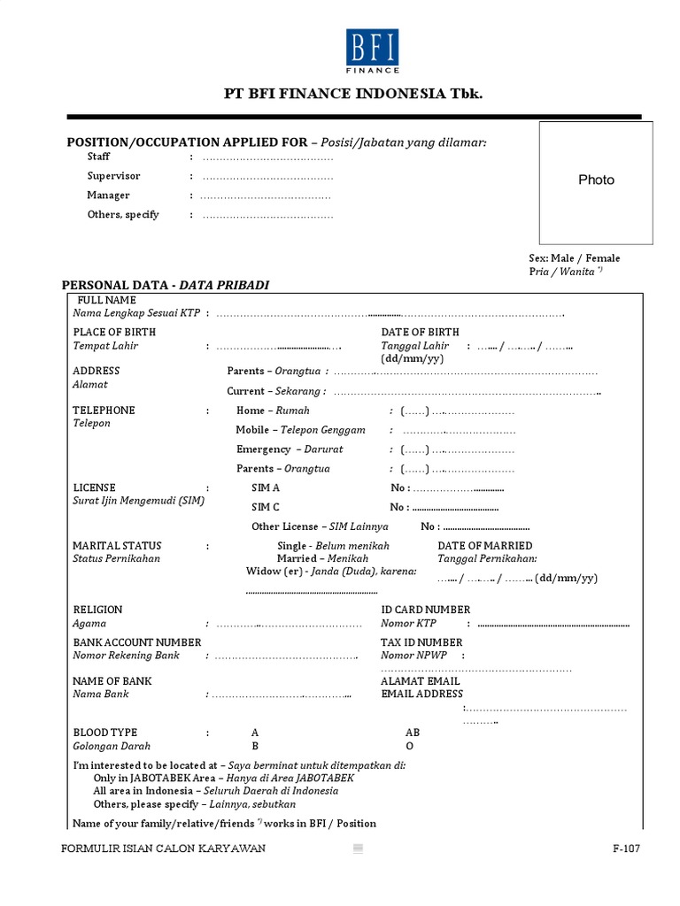 Form Data Diri (F-107) - Revisi - 02 | PDF