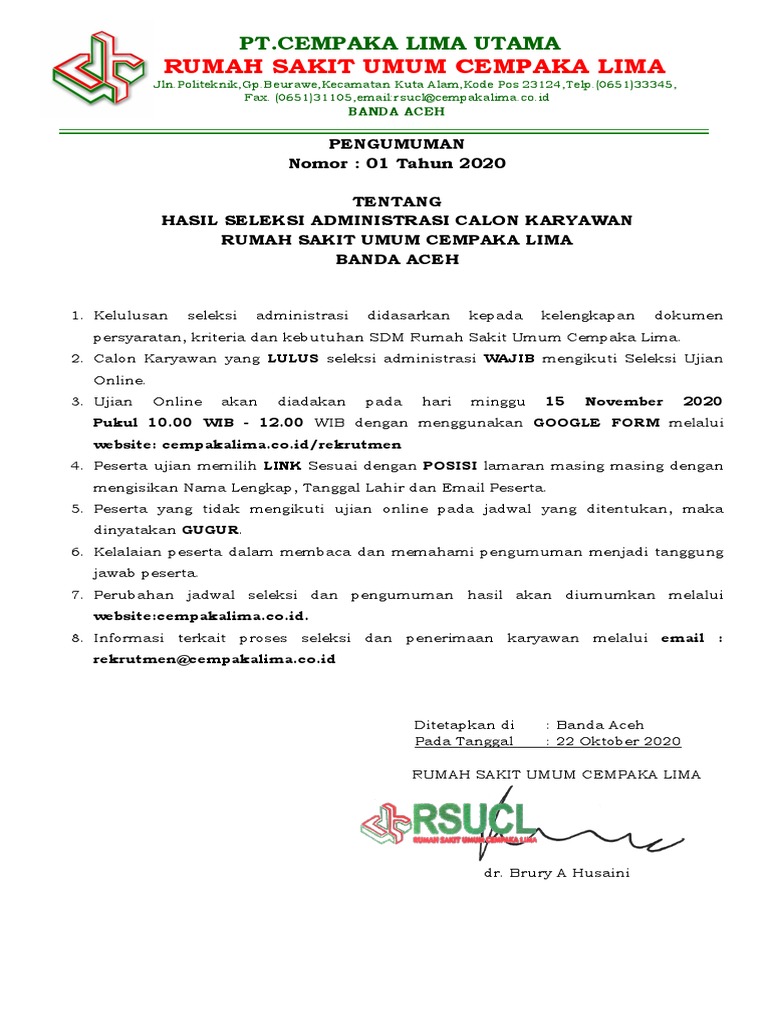Pengumuman Seleksi Administrasi Karyawan RSUCL | PDF