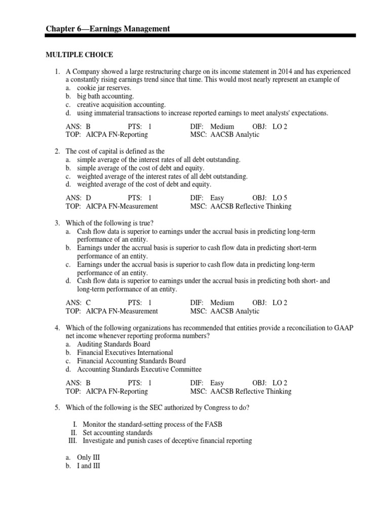 Chapter 6-Earnings Management: Multiple Choice | PDF | Financial ...