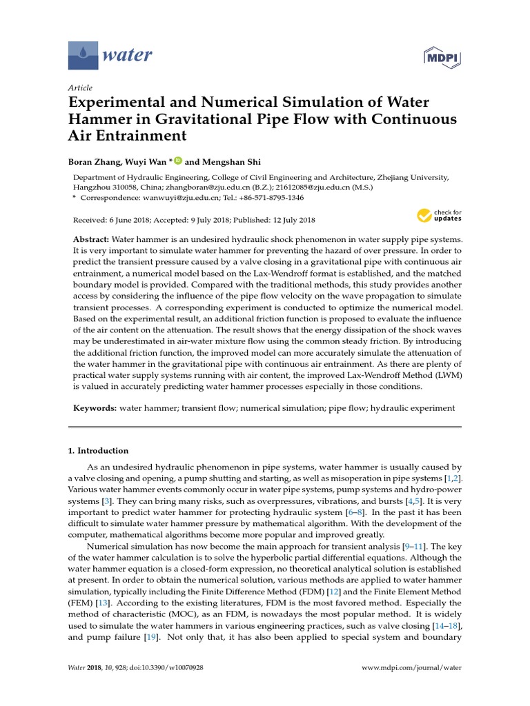 Water: Experimental and Numerical Simulation of Water Hammer in ...