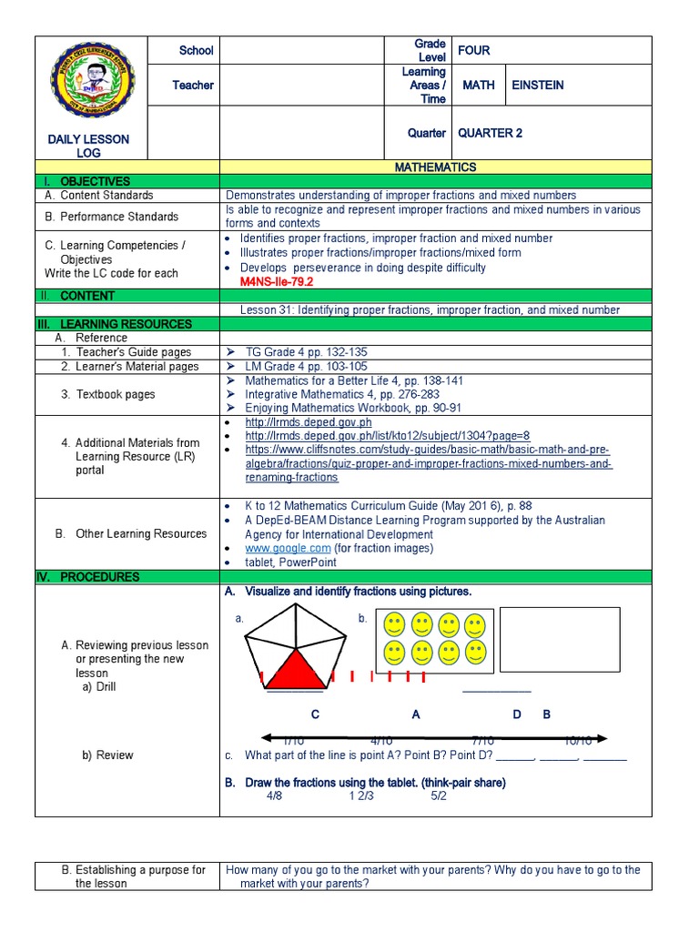 MATH DLL For Grade 4 | PDF | Fraction (Mathematics) | Learning