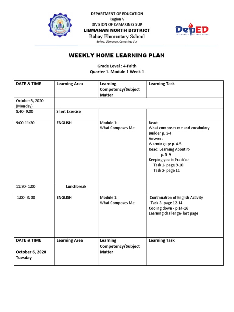 Sample Weekly Home Learning Plan | PDF | Behavior Modification | Cognition