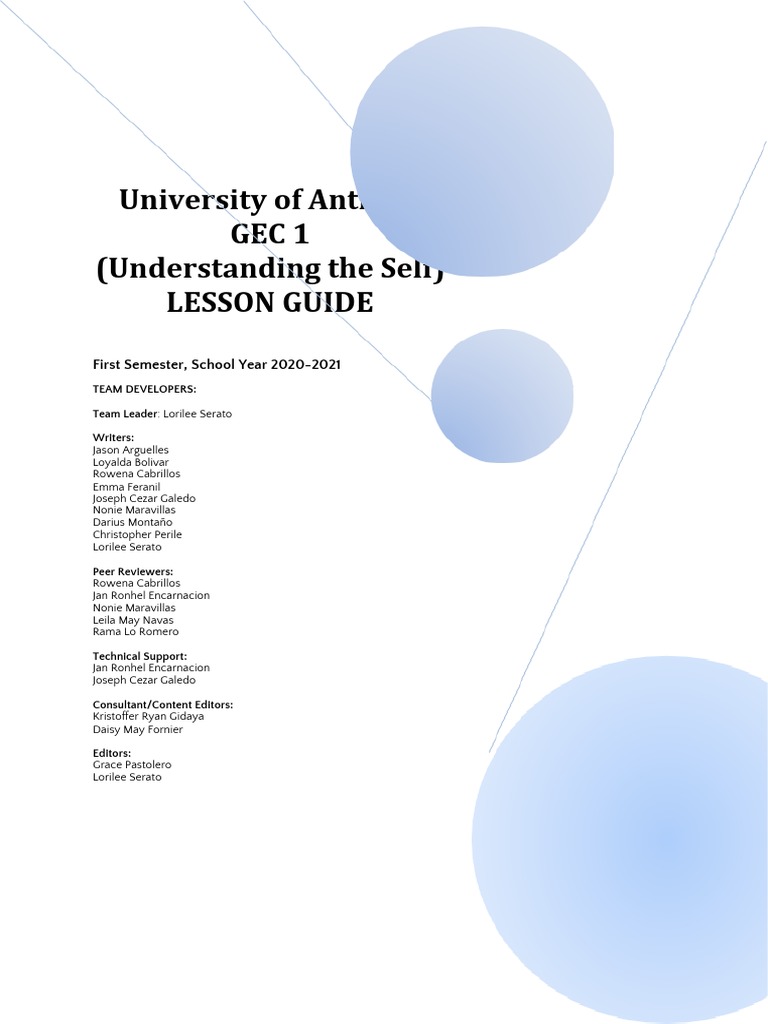 University of Antique Gec 1 (Understanding The Self) Lesson Guide | PDF ...