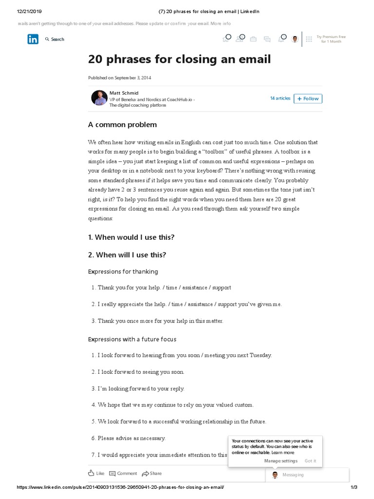 20 Phrases For Closing An Email - LinkedIn | PDF | Linked In | Internet
