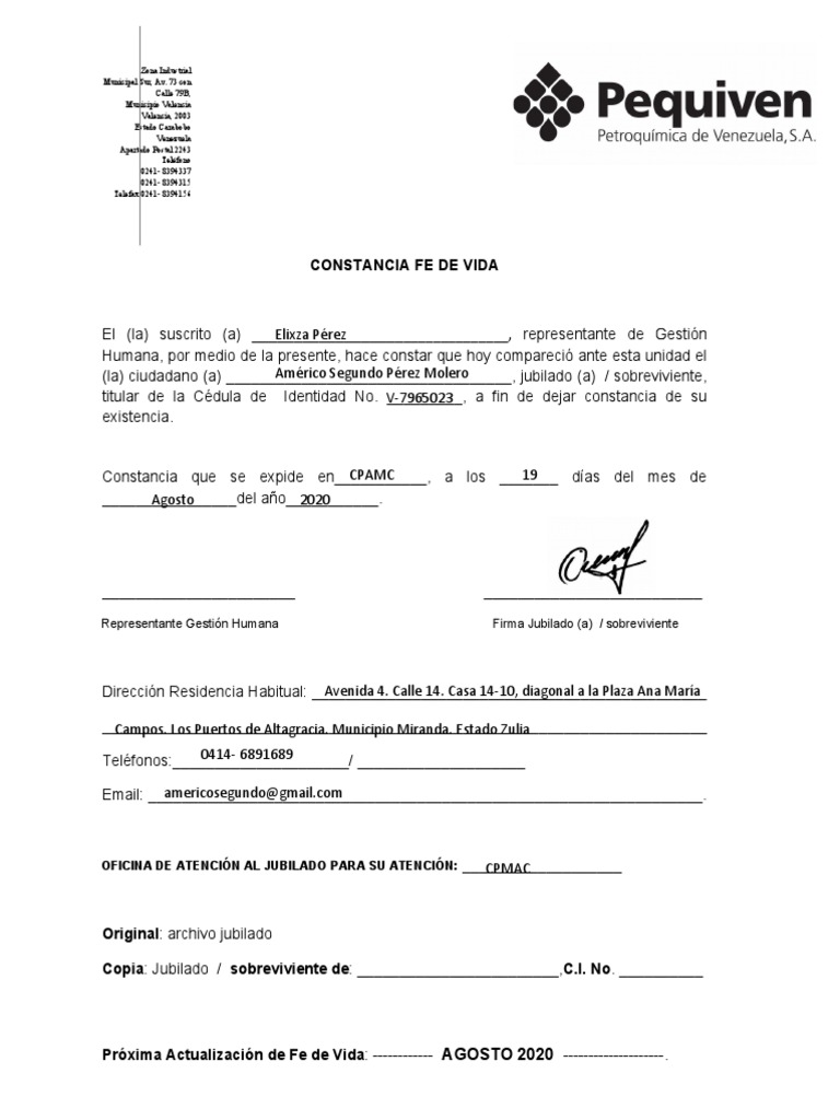 Formato Fe de Vida Año 2020 | PDF