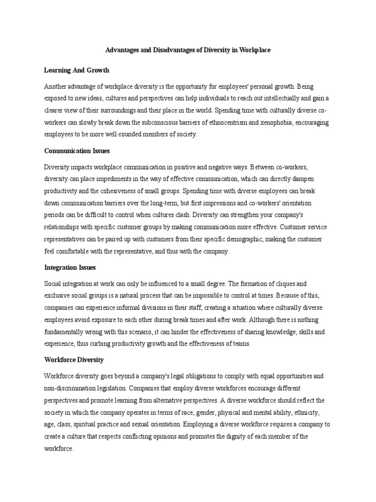 Advantages and Disadvantages of Diversity in Workplace | PDF ...