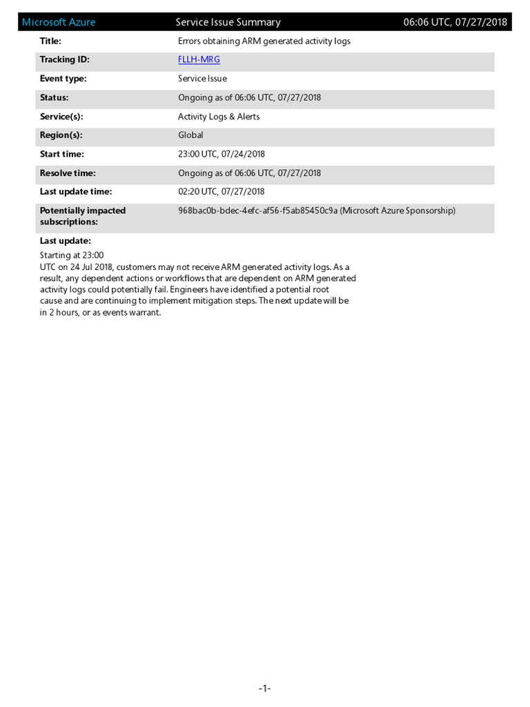 Microsoft Azure Issue Summary FLLH-MRG | PDF | Computing | Software