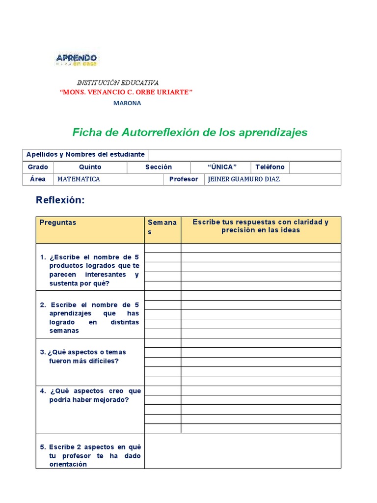 Ficha de Autorreflexión Estudiantil | PDF