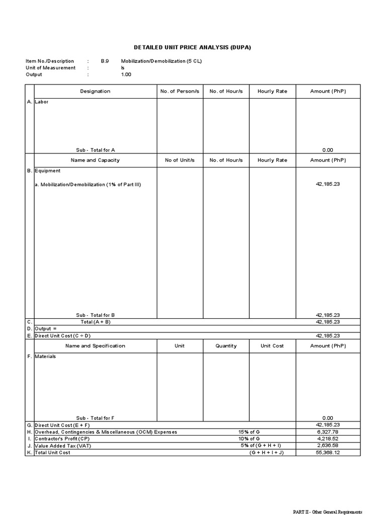 Detailed Unit Price Analysis (Dupa) : PART II - Other General ...