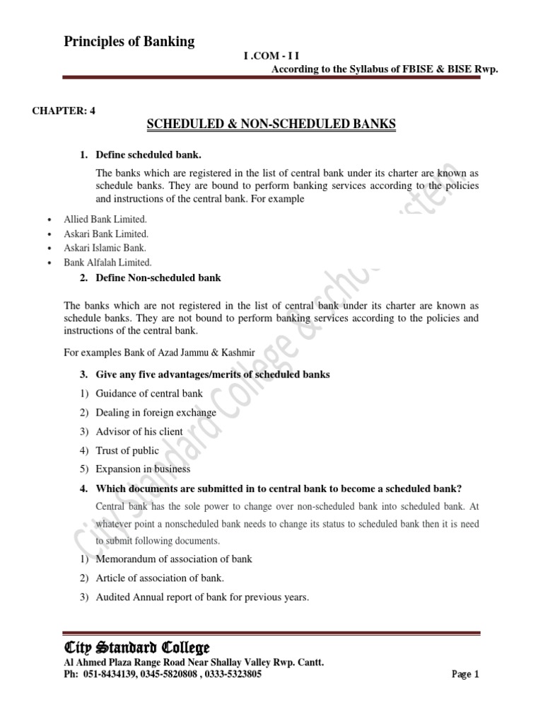Principles of Banking: Scheduled & Non-Scheduled Banks | PDF | Central ...
