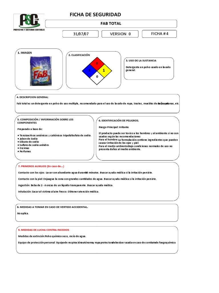 Ficha Tecnica Del Jabon Fab | PDF | Detergente | Sustancias químicas