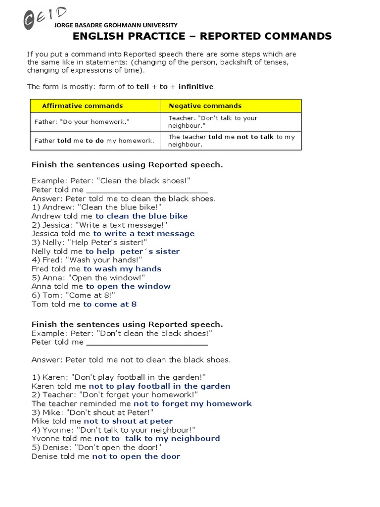 English Practice - Reported Commands: Finish The Sentences Using ...