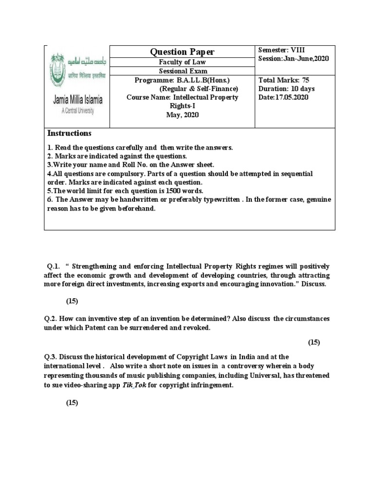 Question Paper IPR | PDF | Intellectual Property | Intellectual ...