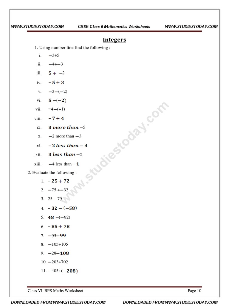 Integers: CBSE Class 6 Mathematics Worksheets | PDF | Discrete ...