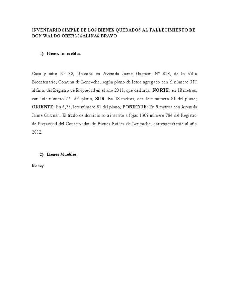 Inventario Simple de Los Bienes Quedados Al Fallecimiento de Don Waldo ...
