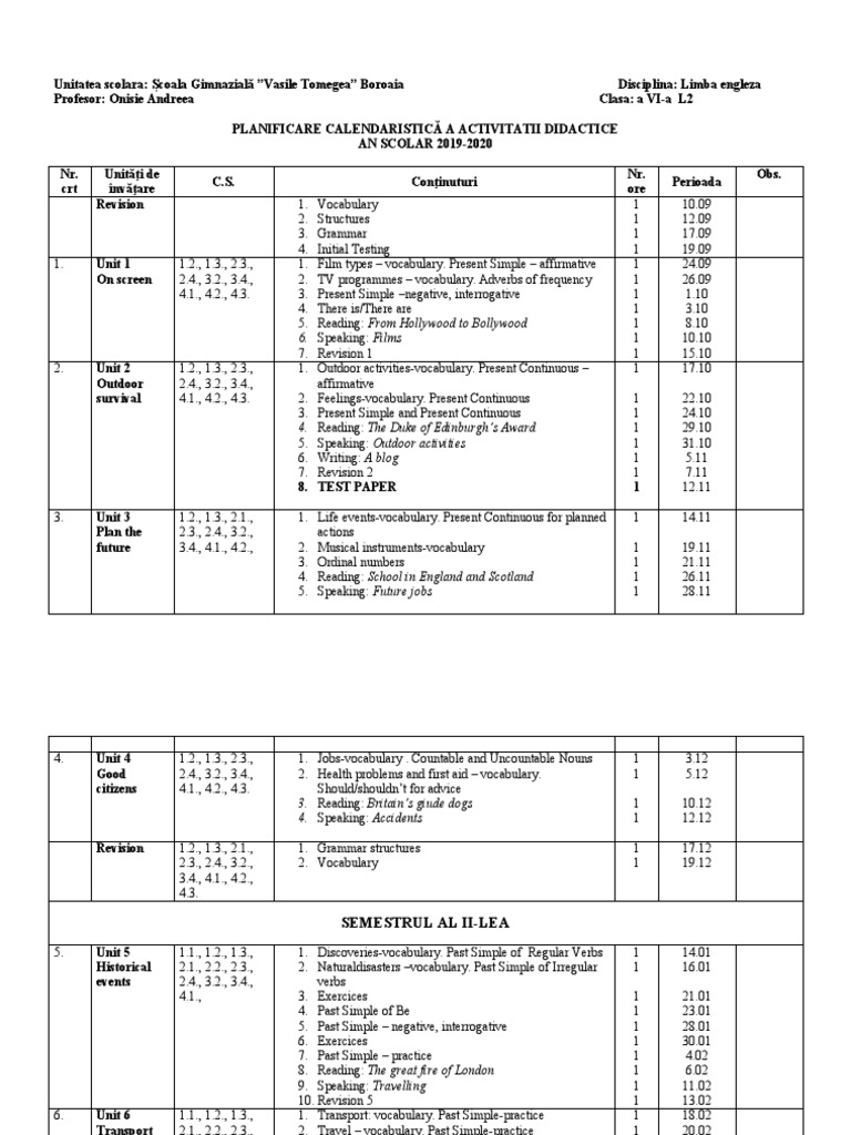 Planificare Semestrial 6L2 2018 | PDF | Morphology | Grammar