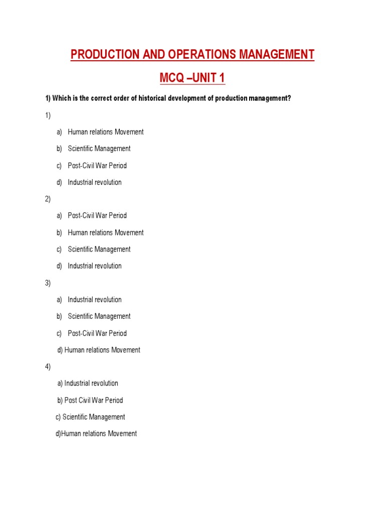 MCQ Chapter Pom - Unit 1 PDF | PDF | Operations Management | Production ...