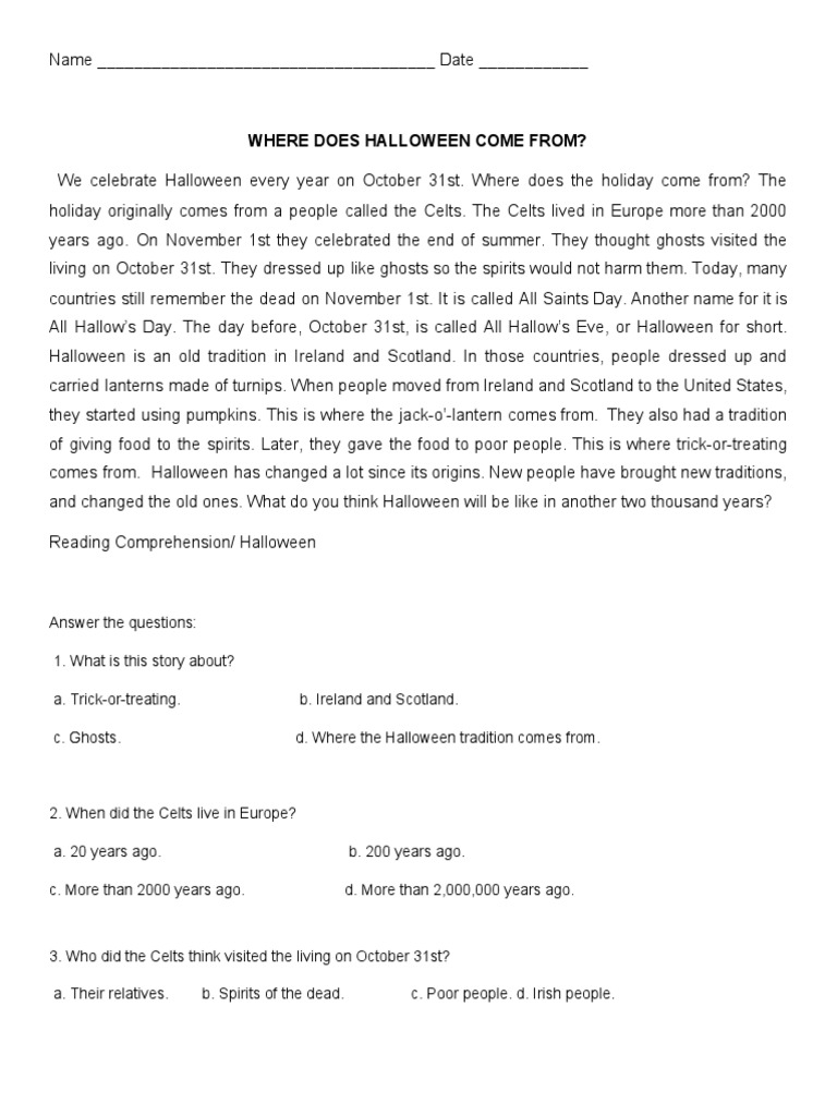 Halloween Origins and Comprehension Activities | PDF | Observances ...