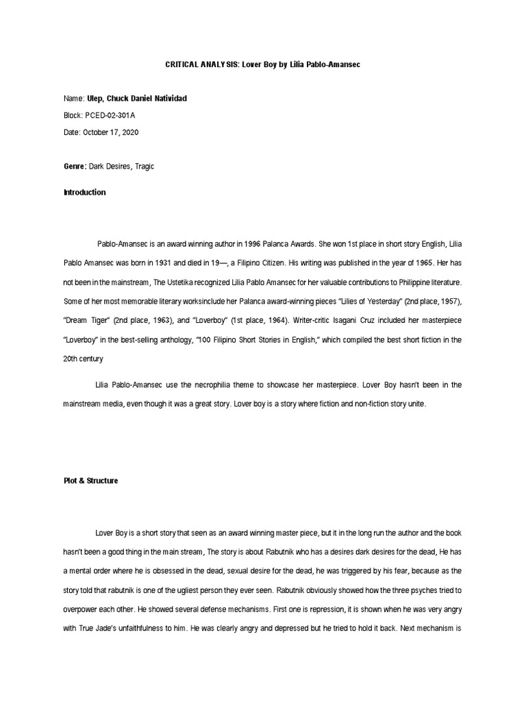 Written Report of The Lover Boy by Lilila Pablo Amansec | PDF | Id | Sigmund Freud