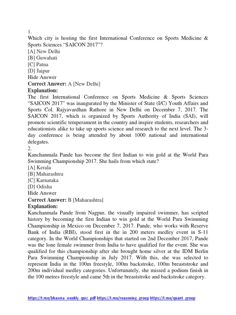 Sports Sciences "SAICON 2017"?: Correct Answer: A (New Delhi) Explanation | PDF | Sikhism | Business