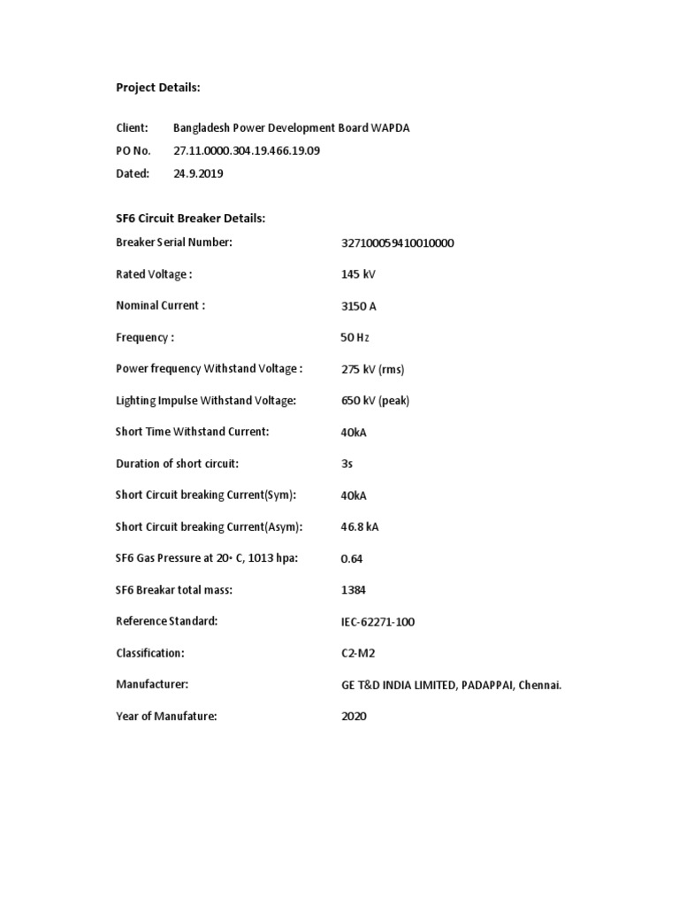 SF6 Circuit Breaker Test Report | PDF | Electrical Components ...