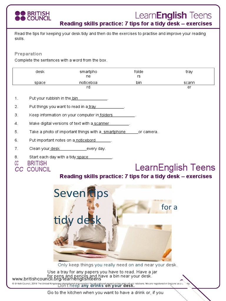 7 Tips For A Tidy Desk - Exercises | PDF | Desk | Image Scanner