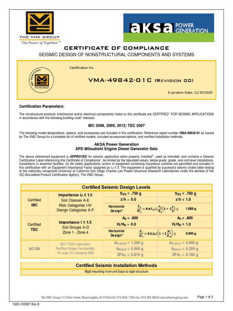 Seismic Compliance Certificate for Generators | PDF | Pipe (Fluid ...