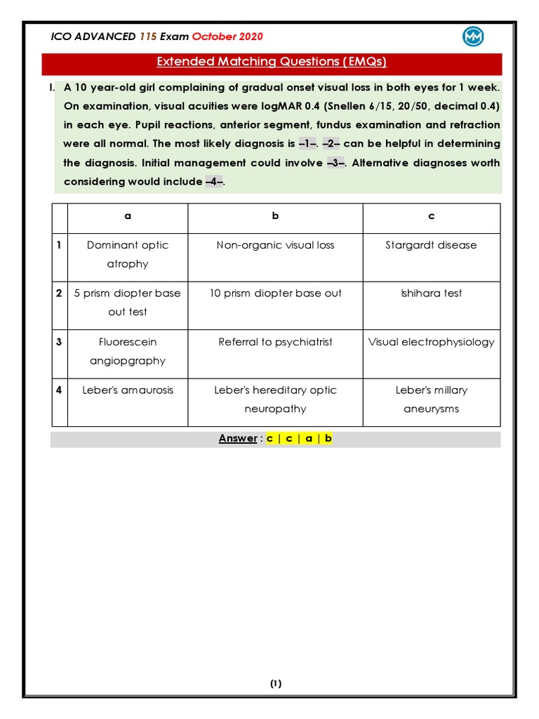 ICO Advanced Exam 115 October 2020 PDF | PDF | Glaucoma | Cataract