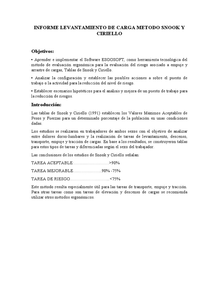 Informe sobre Método Snook y Ciriello | PDF | Factores humanos y ...
