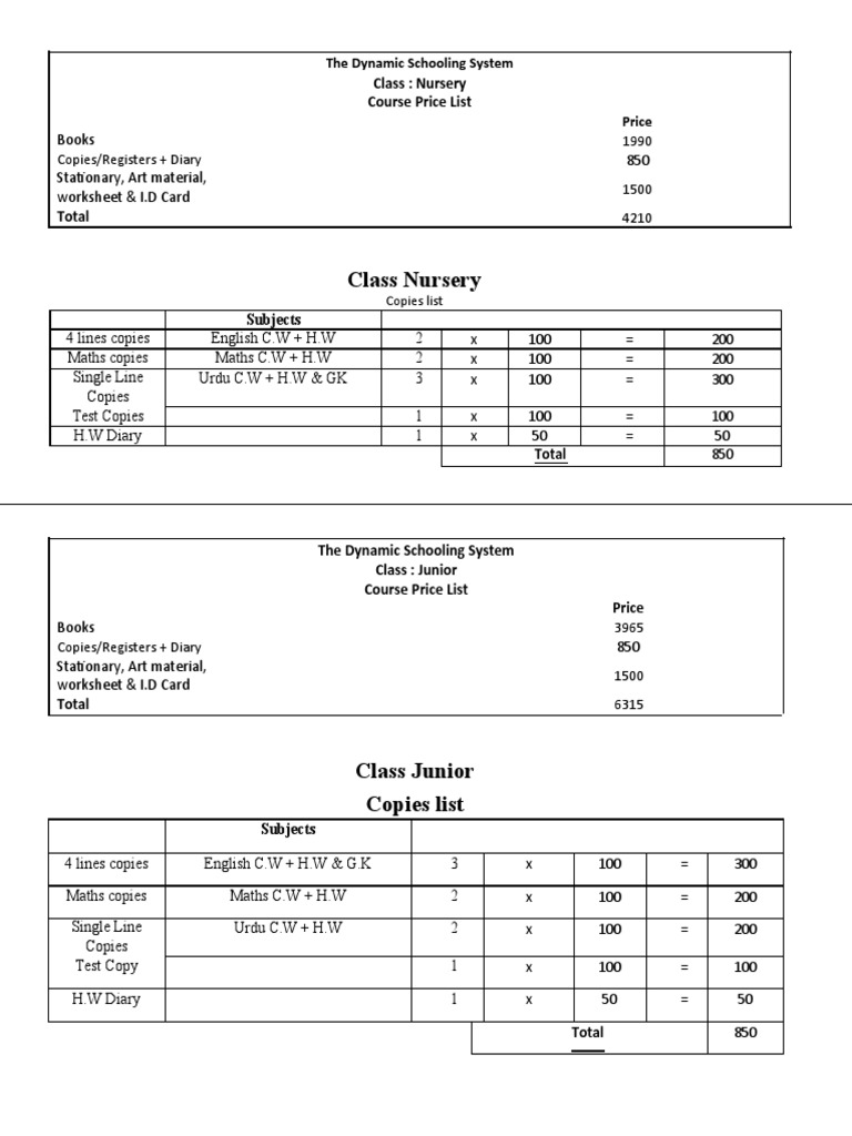 Class: Nursery Course Price List | Download Free PDF | English Language ...