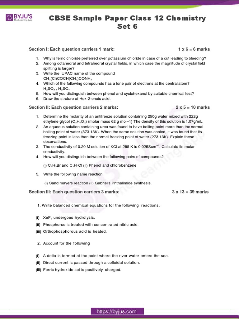 CBSE Sample Paper Class 12 Chemistry Set 6 | PDF | Aldehyde | Ketone