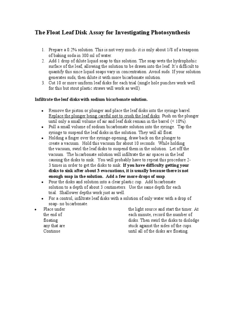 The Float Leaf Disk Assay For Investigating Photosynthesis: Infiltrate ...