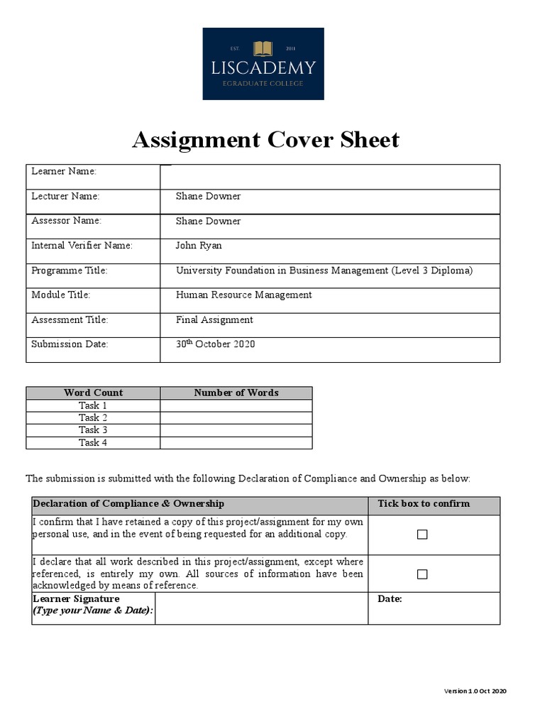 Assignment Report Cover Human Resource Management | PDF