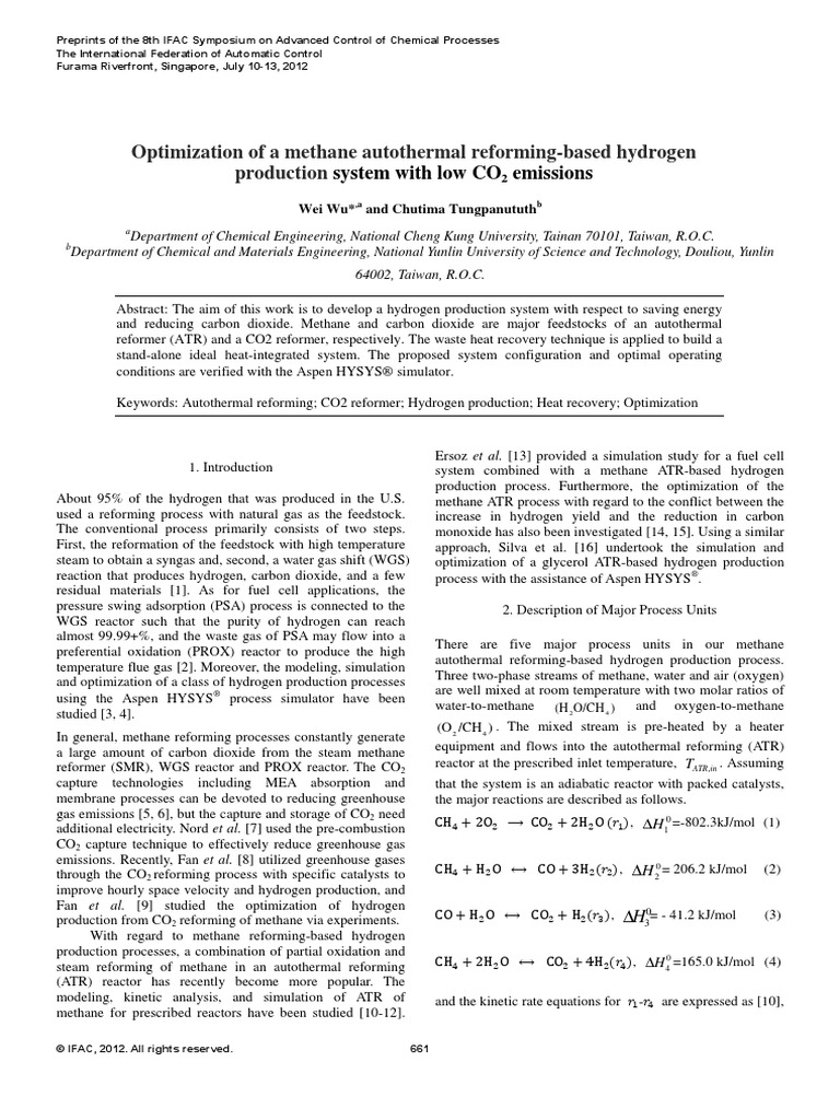 Optimization Of A Methane Autothermal Reforming Based Hydrogen Production System With Low Co2