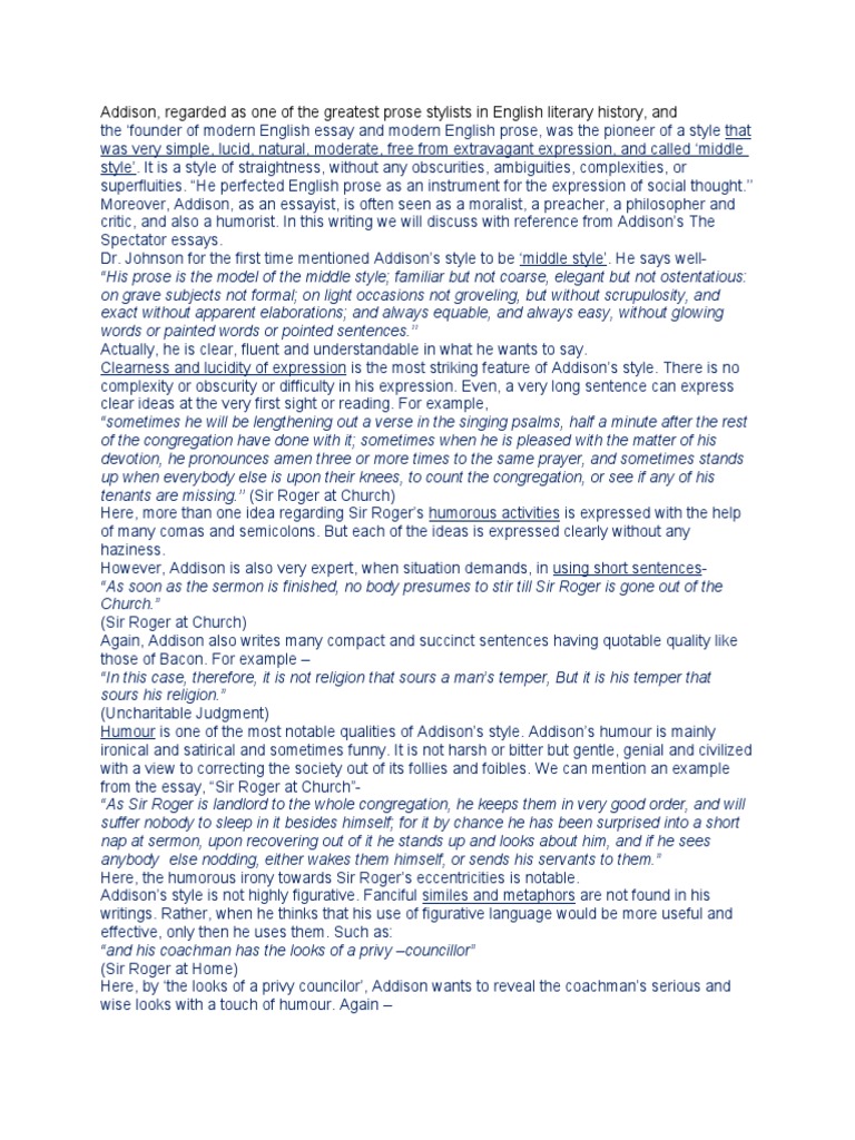 Addison, Regarded As One of The Greatest Prose Stylists in English ...