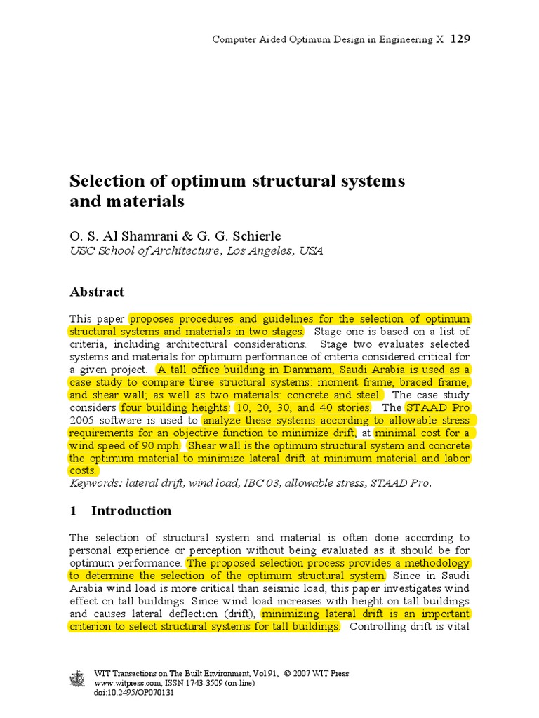 2007 Selection of Optimum Structural Systems and Materials PDF | PDF ...