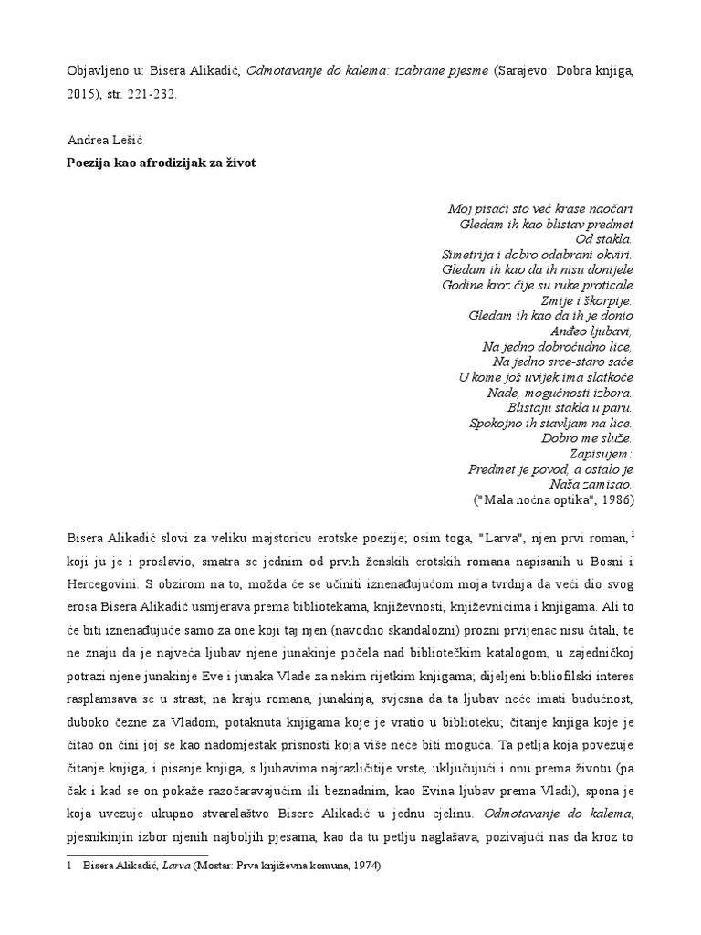 Bisera Alikadic Poezija Kao Afrodizijak | PDF