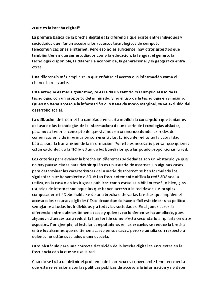 Qué Es La Brecha Digital | PDF | Tecnología de información y comunicaciones | Internet