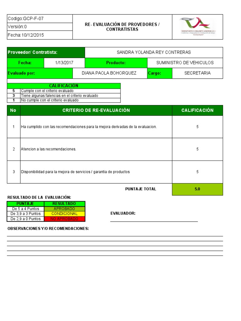 GCP-F-07 Re - Evaluacion de Proveedores | PDF | Negocios