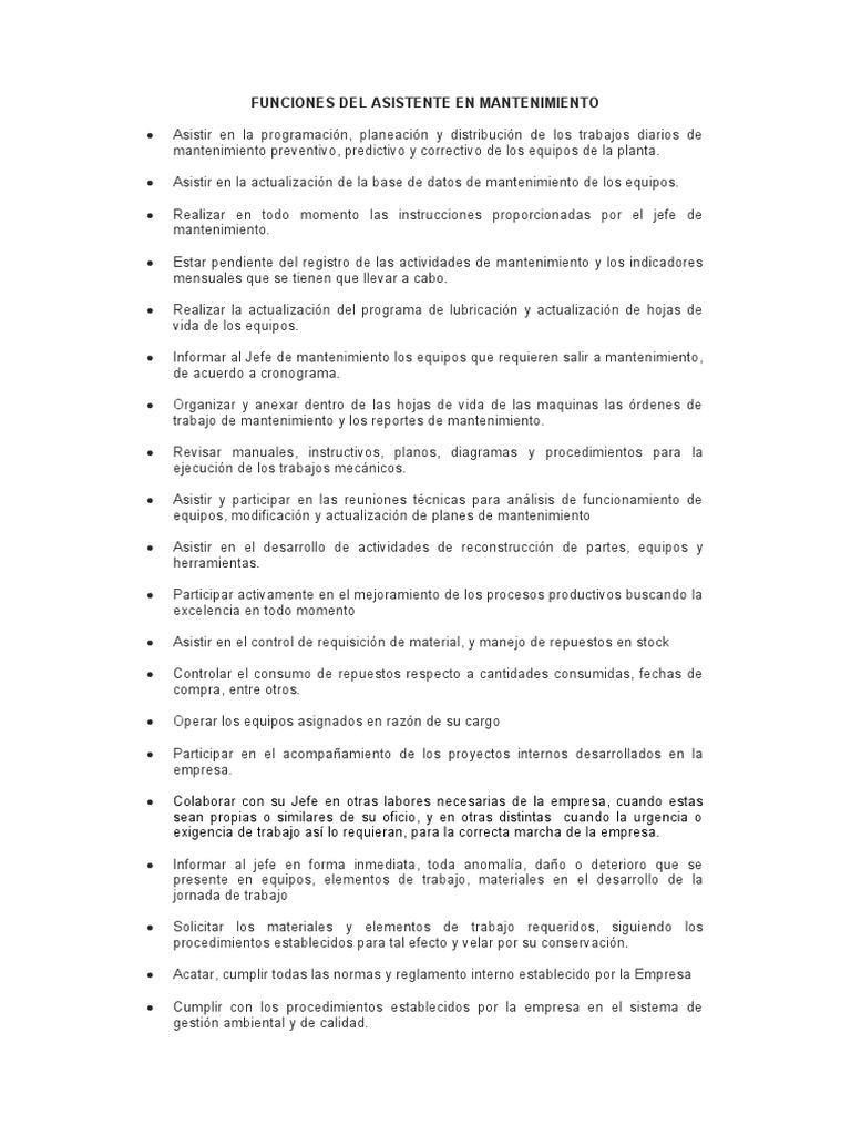 Funciones Del Asistente en Mantenimiento | PDF | Business | Informática