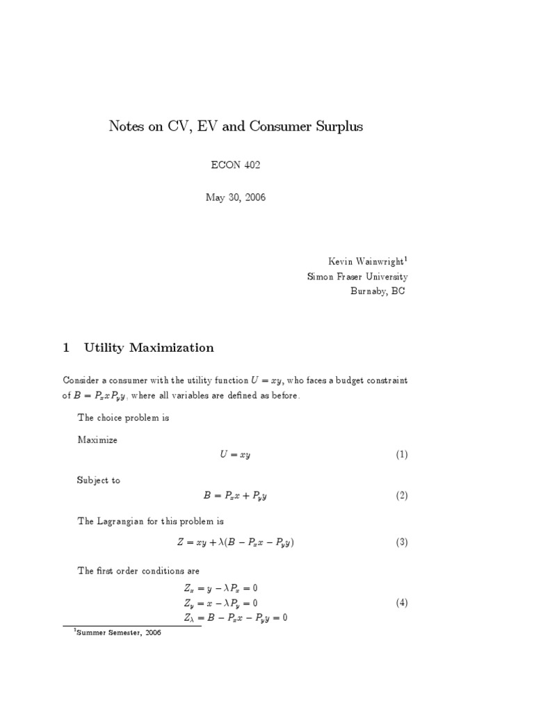 Notes On CV, EV and Consumer Surplus: 1 Utility Maximization | PDF ...