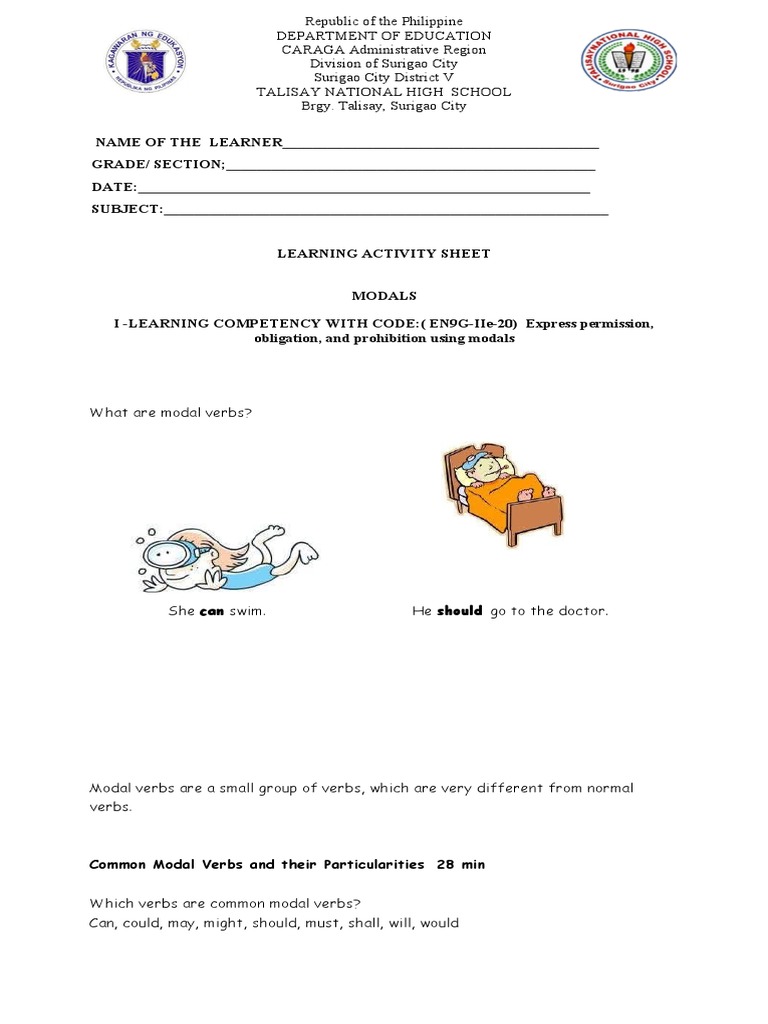 English 9 Activity Sheet Q 1 Modals | PDF | Grammar | Syntax