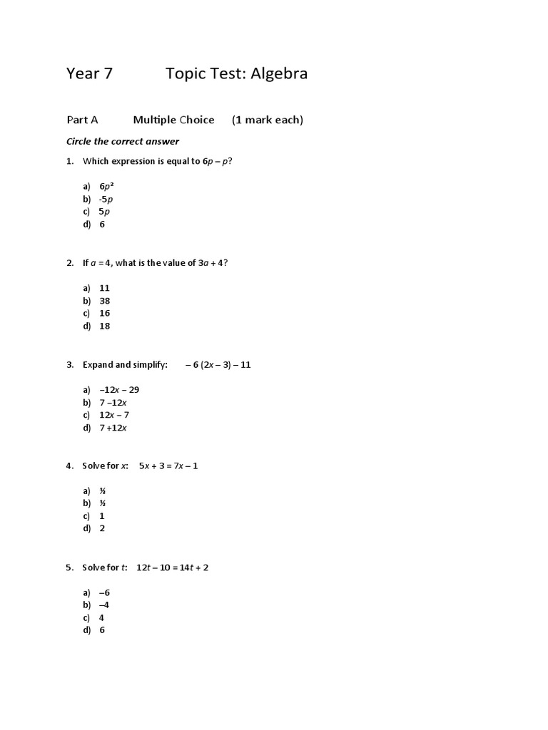 Year 7 Algebra Test With Answers Download Free Pdf Algebra