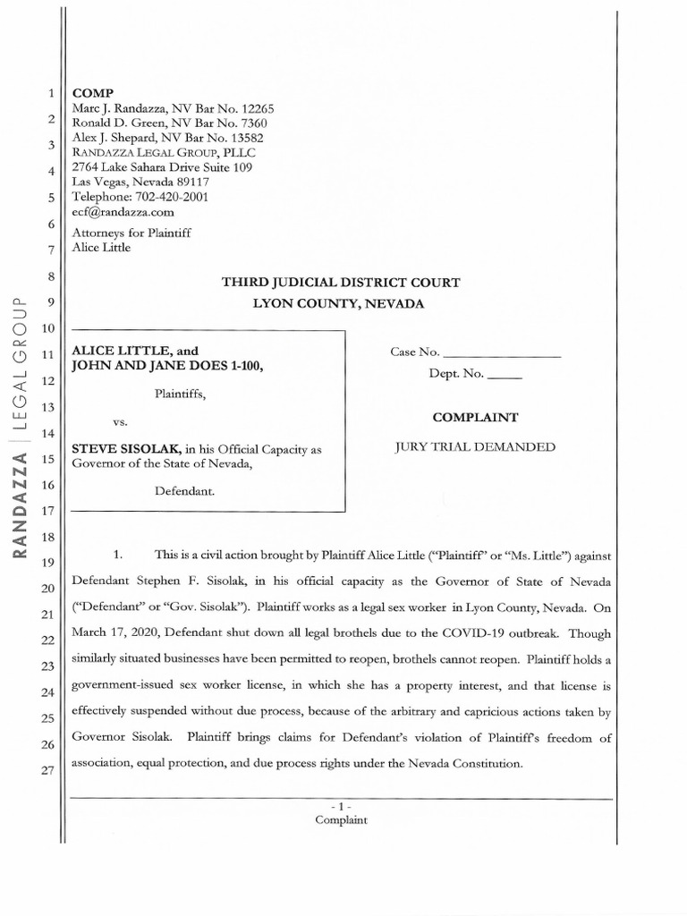 Alice Little vs. Governor Sisolak: Brothel Closure | PDF | Mandamus | Writ