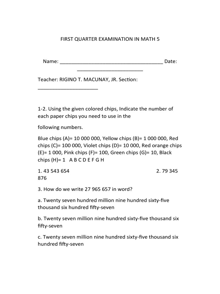 Grade 5 Math First Quarter Exam | PDF | Area | Euclidean Geometry