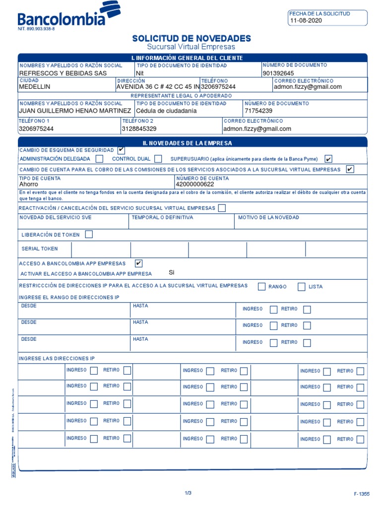 Solicitud Sucursal Virtual Bancolombia | PDF | Informática | Bancario