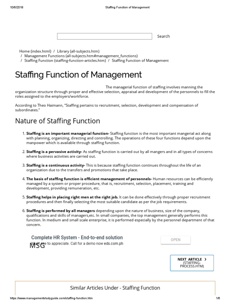 Staffing Function of Management | PDF
