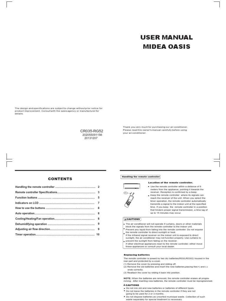 Midea Oasis Air Conditioner Manual | PDF | Remote Control | Air ...
